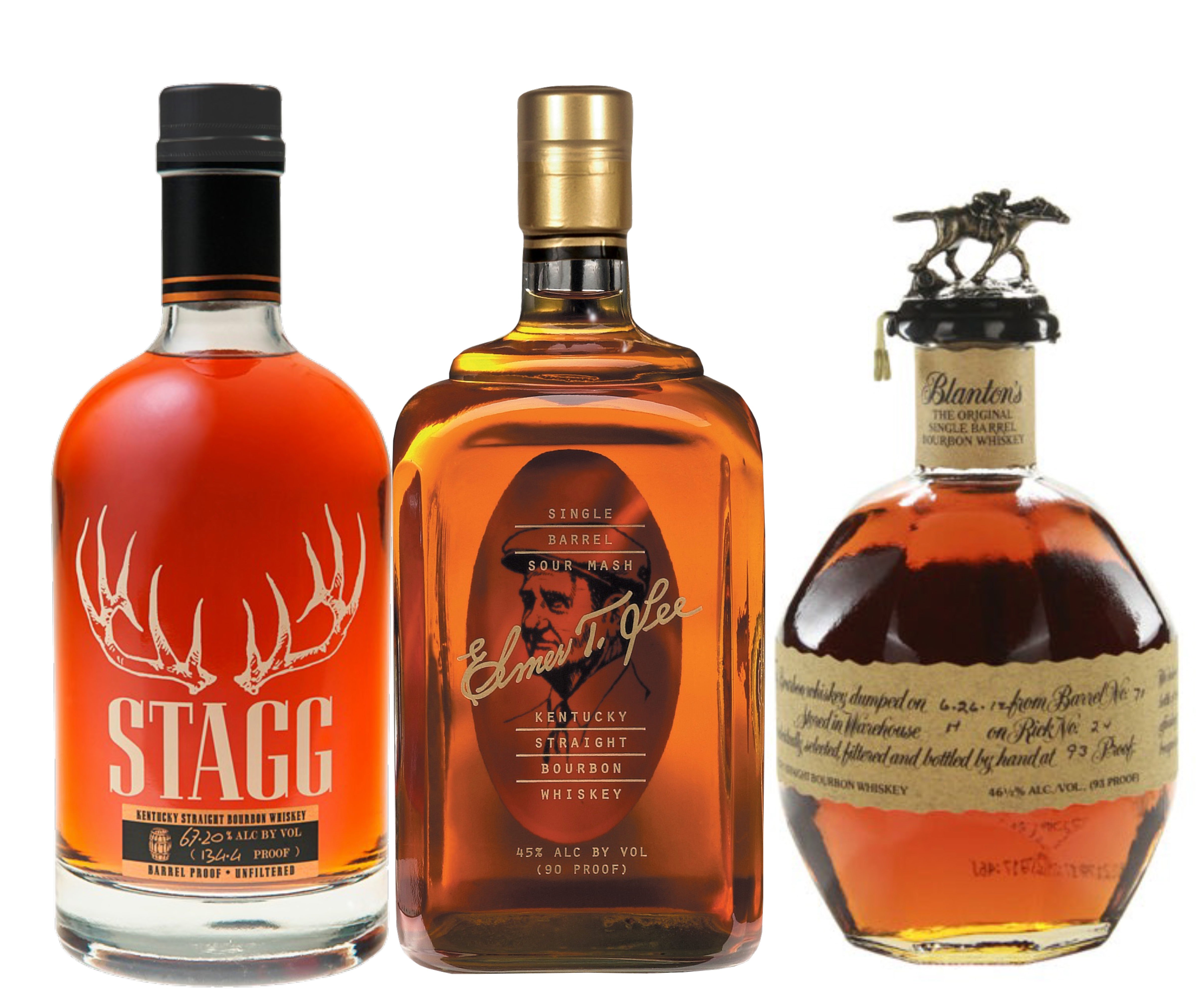 Elmer T. Lee Bourbon, Blanton's Single Barrel Bourbon, & Stagg Batch 2 ...